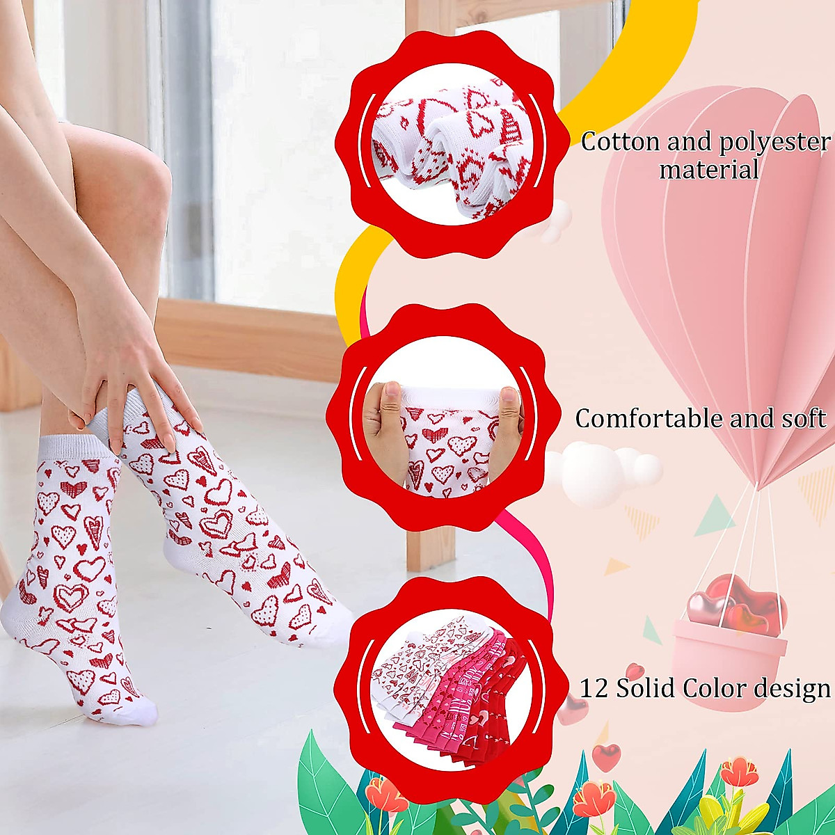 Jeyiour 12 Pairs Socks Bulk Seasonal Holiday Crew Socks Colorful Fancy Soft Stretchy Novelty Design Heart Socks for Women Girls