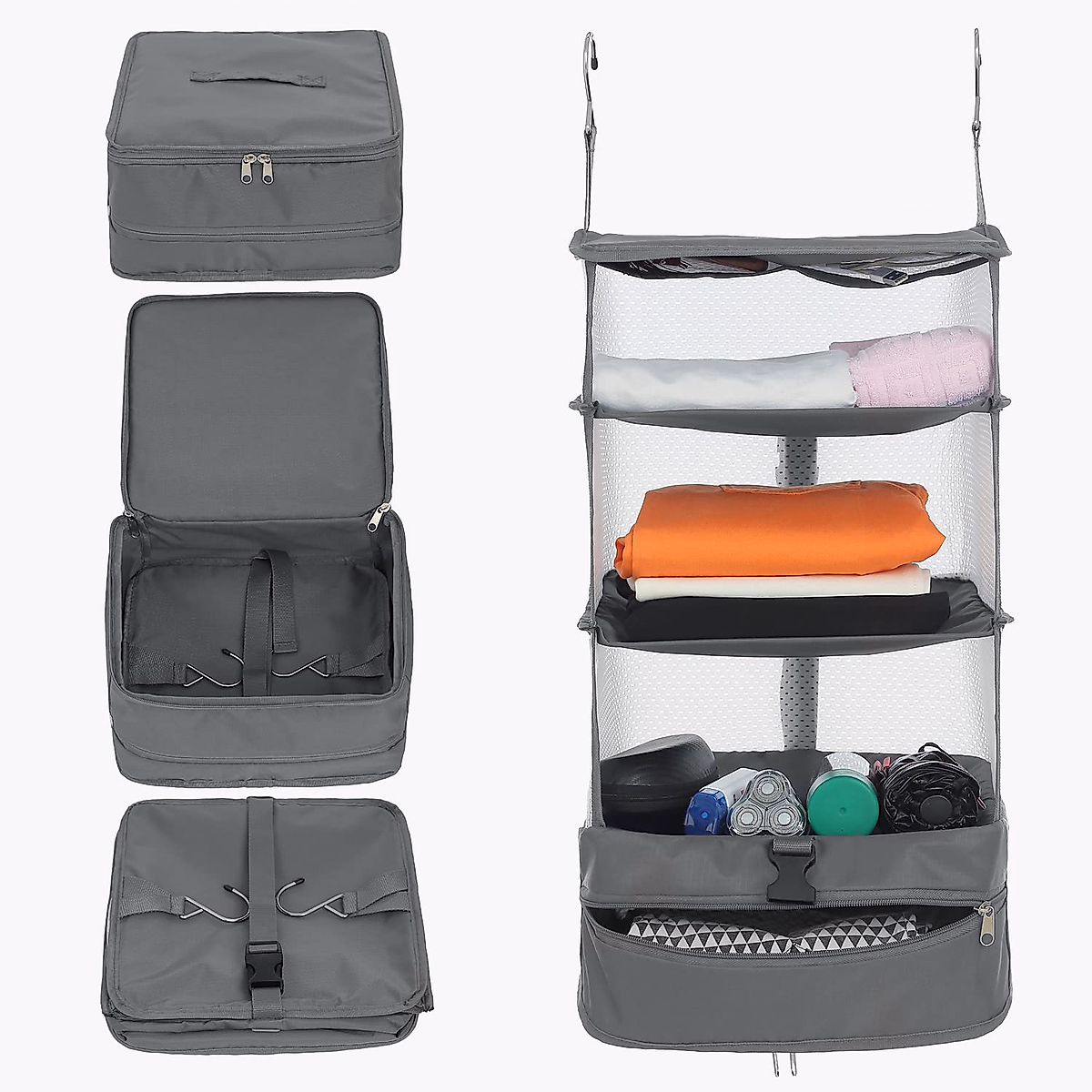 ELEZAY Hanging Packing Cubes Portable Travel Closet Collapsible Compression Clothes Organizer with Built in Shelves for Carry-on Luggage Suitcase Wardrobe Large_11.8 * 11.8 * 24 in, Grey