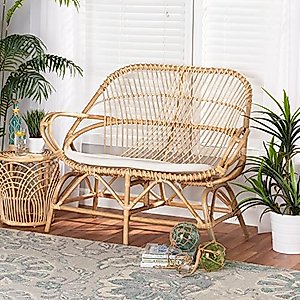 Baxton Studio Bali & pari Jayden Modern Bohemian White Fabric Upholstered and Natural Rattan Loveseat