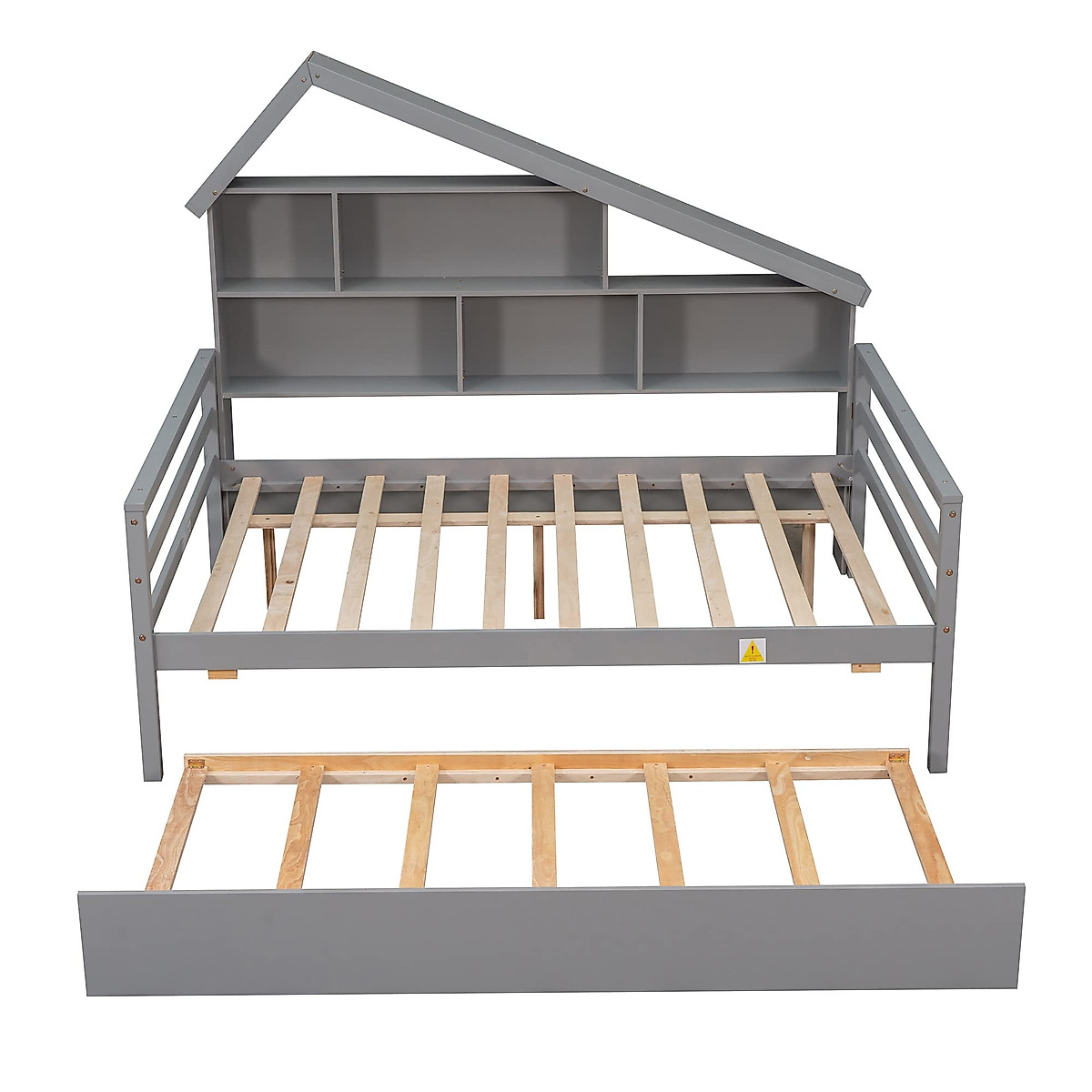 Full Size Platform Bed with Bookcase Headboard, Full Bed Frame with Trundle and Storage Shelves Wood Daybed Captain Beds with Slats Support for Kids Boys Girls Teens, Gray