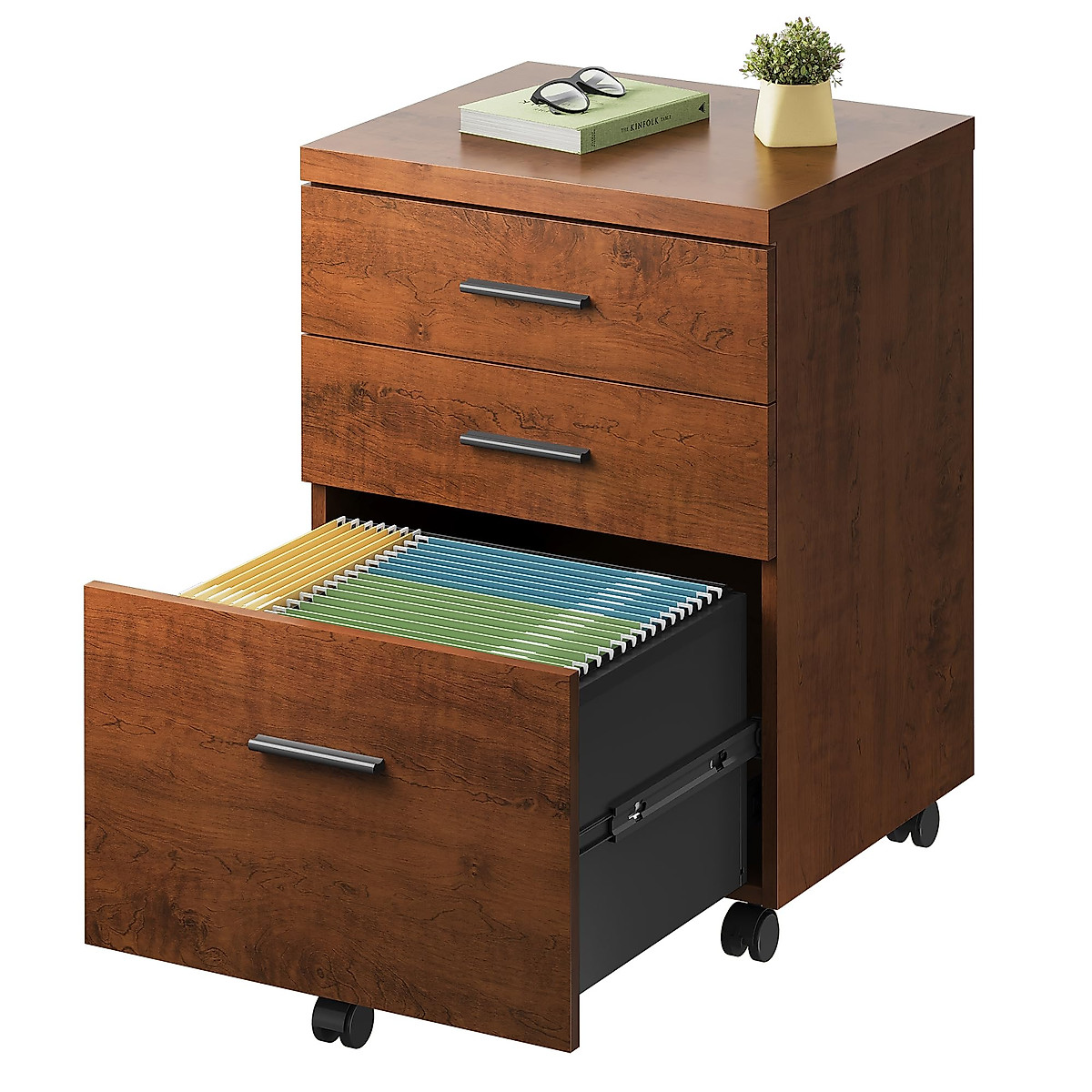 DEVAISE 3 Drawer File Cabinet for Home Office, Wood Under Desk Filing Cabinet, Rolling Printer Stand with Wheels, Walnut