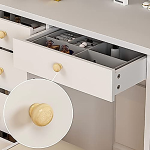 AGOTENI Makeup Vanity Set Dresser Desk with 5 Drawer and Shelf Round Mirror with Touch Screen and Light Vanity Set with Cushioned Stool for Bedroom, White