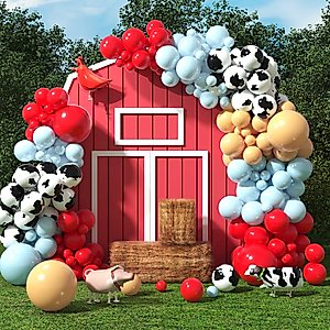 HOUSE OF PARTY Cow Balloons Garland - 110 Pcs | Western Cow Print Blue Red & Tan Balloons with Cow Foil Balloon for Decoration | Cowboy Baby Farm Theme Decor