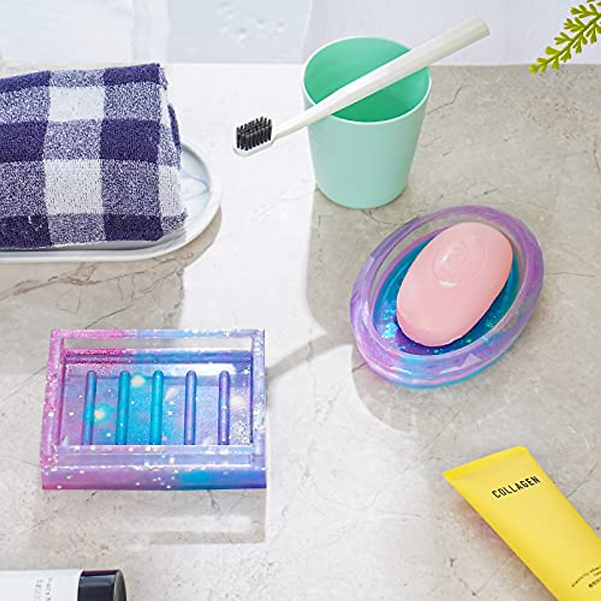 NiArt 2-Pack Faceted Oval & Rectangle Soap Dish Epoxy Resin Silicone Mold+Star Sequins Kit, Ring Dish Jewelry Tray Ashtray Candle Holder Storage Box DIY Casting Art Craft Agate Home Decoration Gift