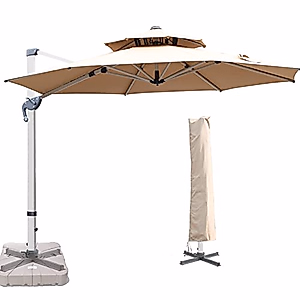 Mojia 11 FT Cantilever Patio Umbrella with Cross Base and Cover Included - 360° Rotation Offset Hanging Umbrella Large Heavy Duty Outdoor Umbrella with Easy Tilt for Pool Backyard Deck Garden, Khaki