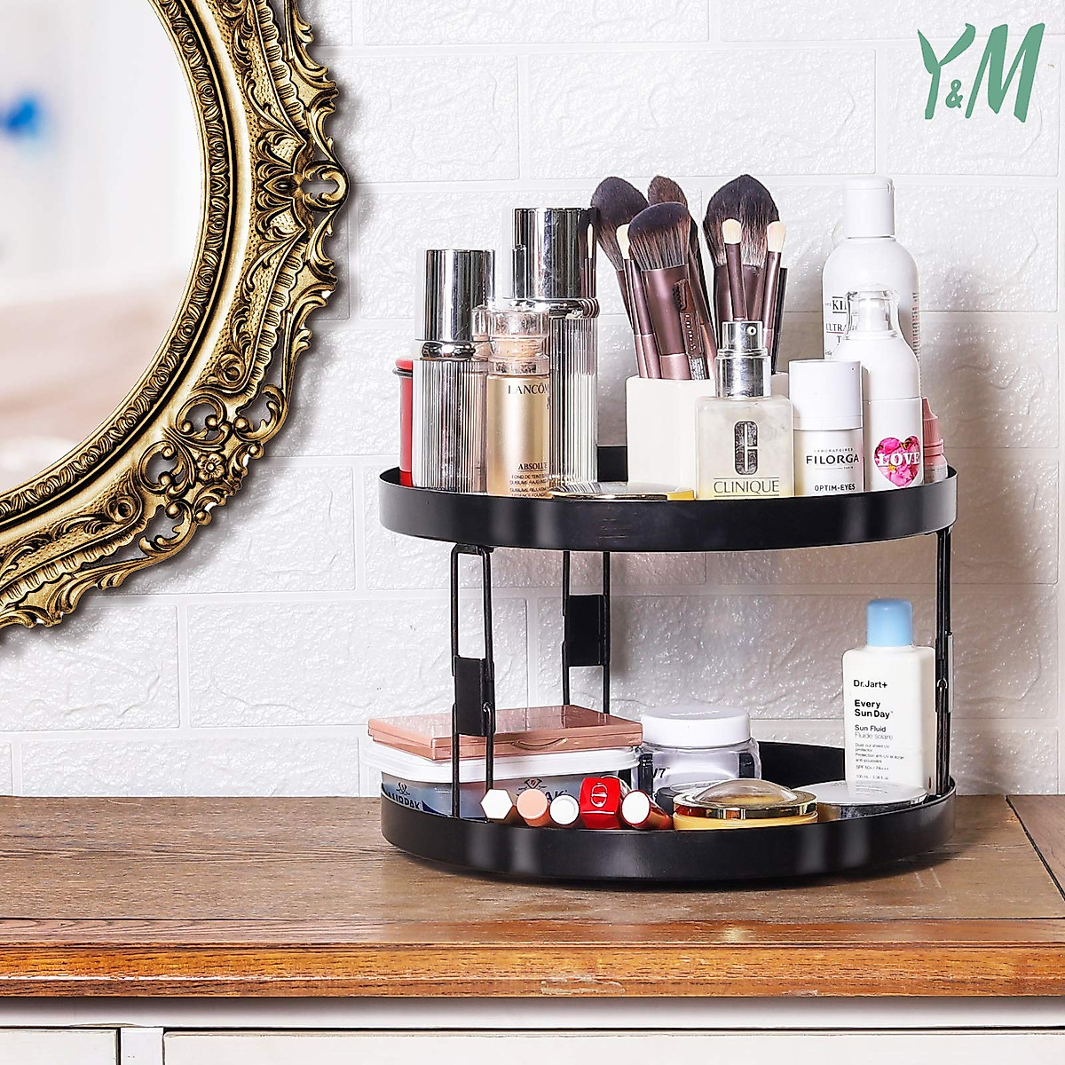 Spice Rack Organizer for Countertop, 360° 2-Tier Lazy Susan Turntable 12inch Rotating Countertop Organizer for Kitchen/Bathroom/Makeup Organizer - Black with Bronze Brush