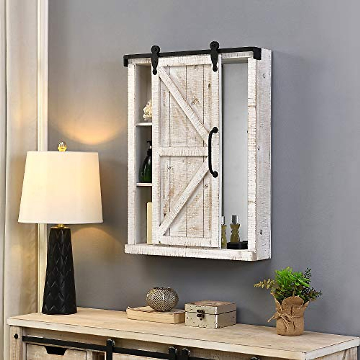 FirsTime & Co. Off-White Winona Barn Door Mirrored Cabinet, Storage with Shelves for Bathroom, Kitchen and Office, Wood, Farmhouse, 28 x 21 Inches