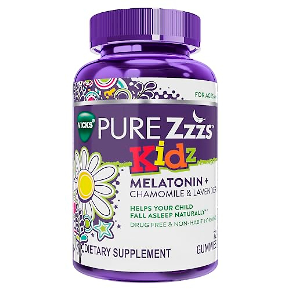 VICKS Pure Zzzs Kidz, Melatonin Sleep Aid Gummies for Kids and Children, Helps Your Child Fall Asleep Naturally, Low Dose Melatonin, 72 Gummies, Packaging May Vary