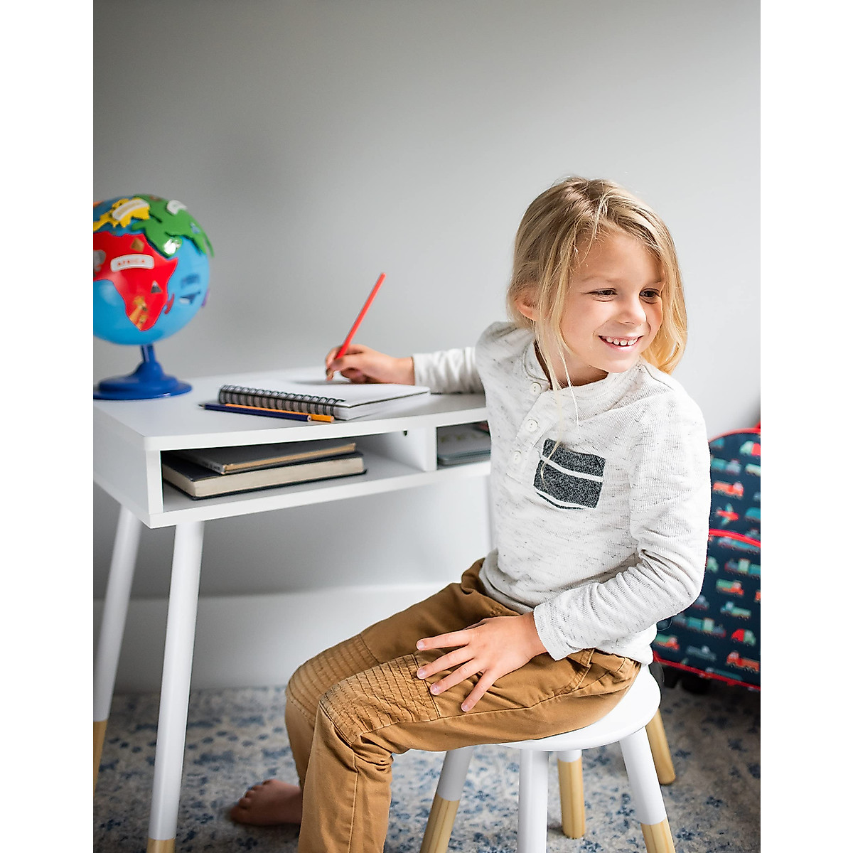 Wildkin Kids Premium Homework Desk with Storage and Stool Set for Boys and Girls, Includes One Matching Stool, Classic Timeless Design Features Solid Wood Legs (White w/Natural)