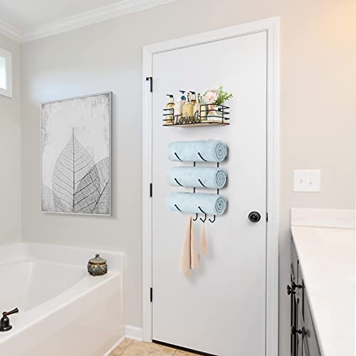 Towel Racks for Bathroom, Towel Holder Wall Mounted for Small Bathroom Wall, Roll Towel Rack with 3 Towel Hooks and Wooden Shelf, Drilling and No-Drill Installation Options Available, Black