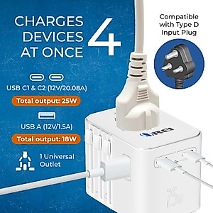 OREI 25Watt Universal Travel Adapter | 2 (USB C) 1 (USB A) 4-in-1 Universal Power Adapter | | Type C, A, G, I Compatible | Universal Chargers for All Devices compatible 150+ Countries