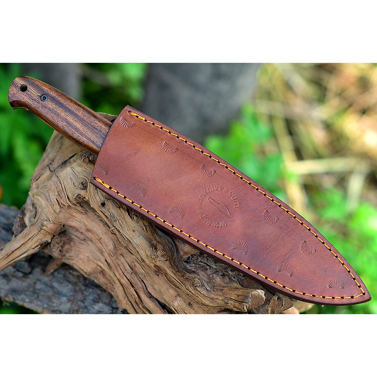 Perkin Fixed Blade Hunting Knife Full Tang with Leather Sheath, Solid & Sharp Blade Outdoor Survival Hunting Knife, Comfortable N Wood Handle Bushcraft Knife Camping Knife for Men and Women BUSH9.5