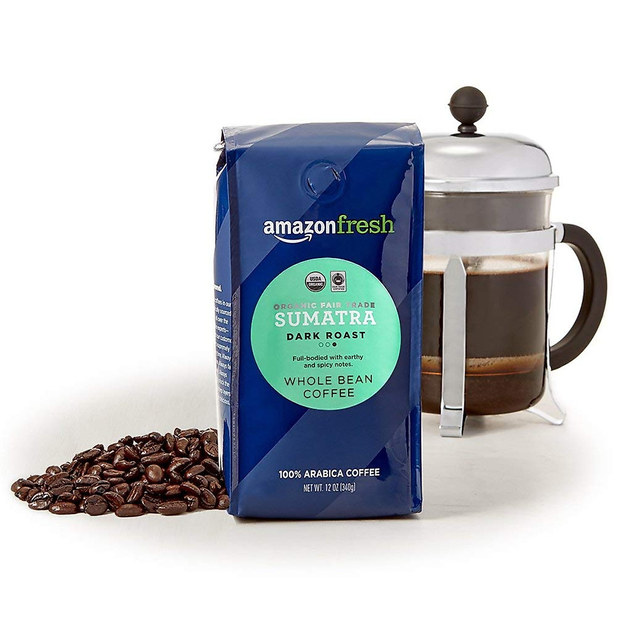 Amazon Fresh Organic Fair Trade Sumatra Whole Bean Coffee, Dark Roast, 12 Ounce