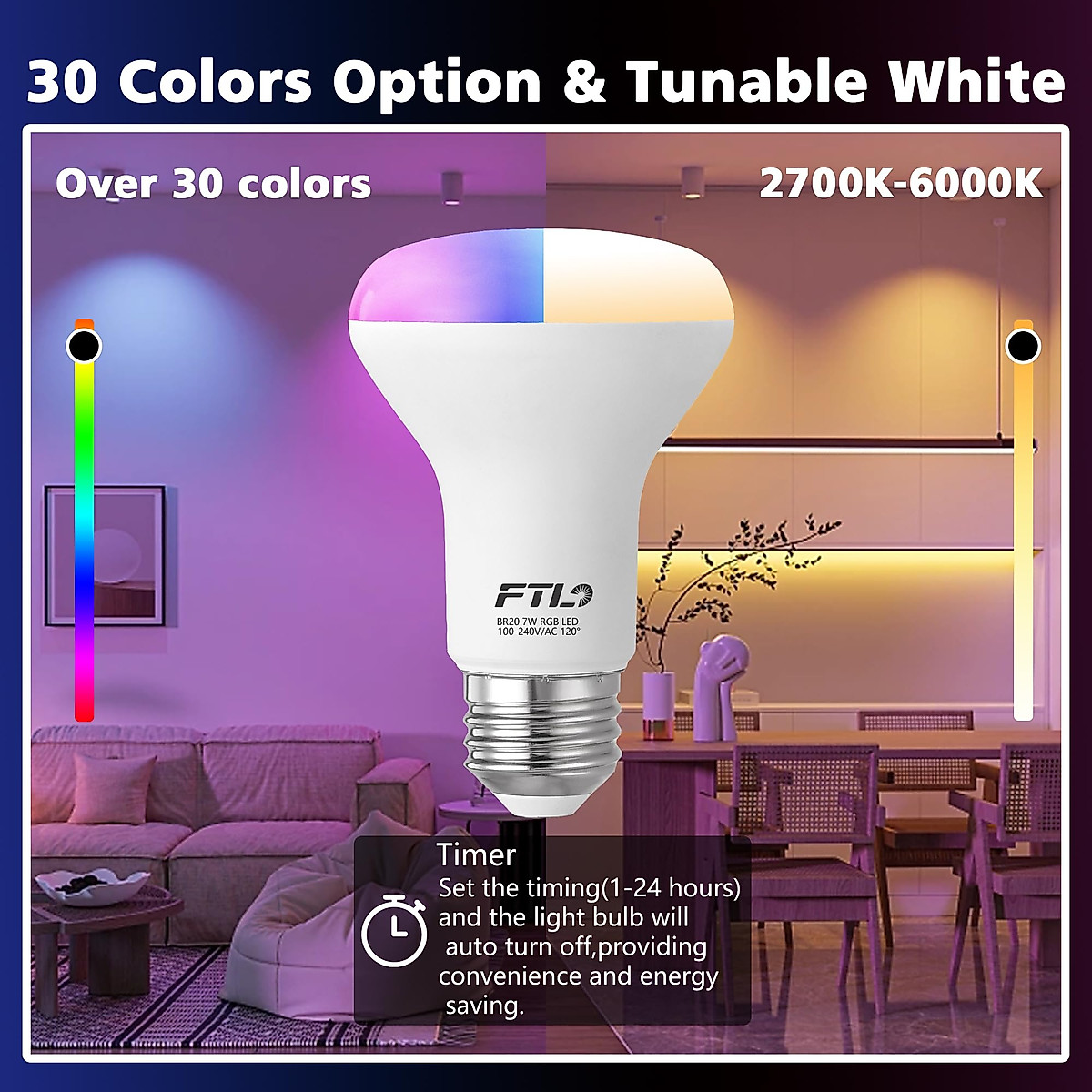 FTL BR20 LED Light Bulbs Color Changing, R20 Dimmable Flood Light Bulbs for Recessed Lighting, 30 Colors,2700K-6000K, Timer, 6-Pack