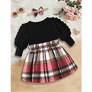 Qaoerde Baby Girl Dresses 12-18 Months Baby Girl Dress Puff Sleeve Red Plaid Dress Ribbed Baby Girls' Dresses Baby Dresses 12-18 Months Baby Girl Fall Dress Baby Girl Winter Dress Christmas Outfit