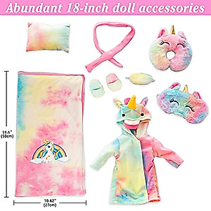 XFEYUE American 18 inch Doll Clothes and Doll Sleeping Bag Set - Rainbow Unicorn Doll Costume with Unicorn Style Sleeping Bag, Pillow, Eye Mask Slumber Party Accessories Fits 18 Inch Doll