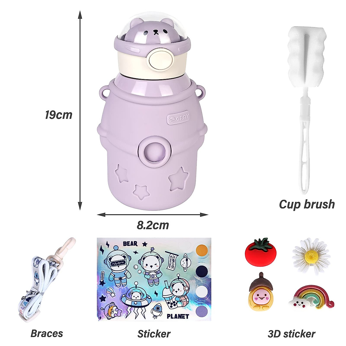 Kawaii Water Bottle with Straw: 17oz Cute Water Bottles, Stainless Steel Water Bottle with Stickers and Adjustable Strap, Portable Cartoon Astronaut Thermos for School Outdoor Sports Travel (Purple)