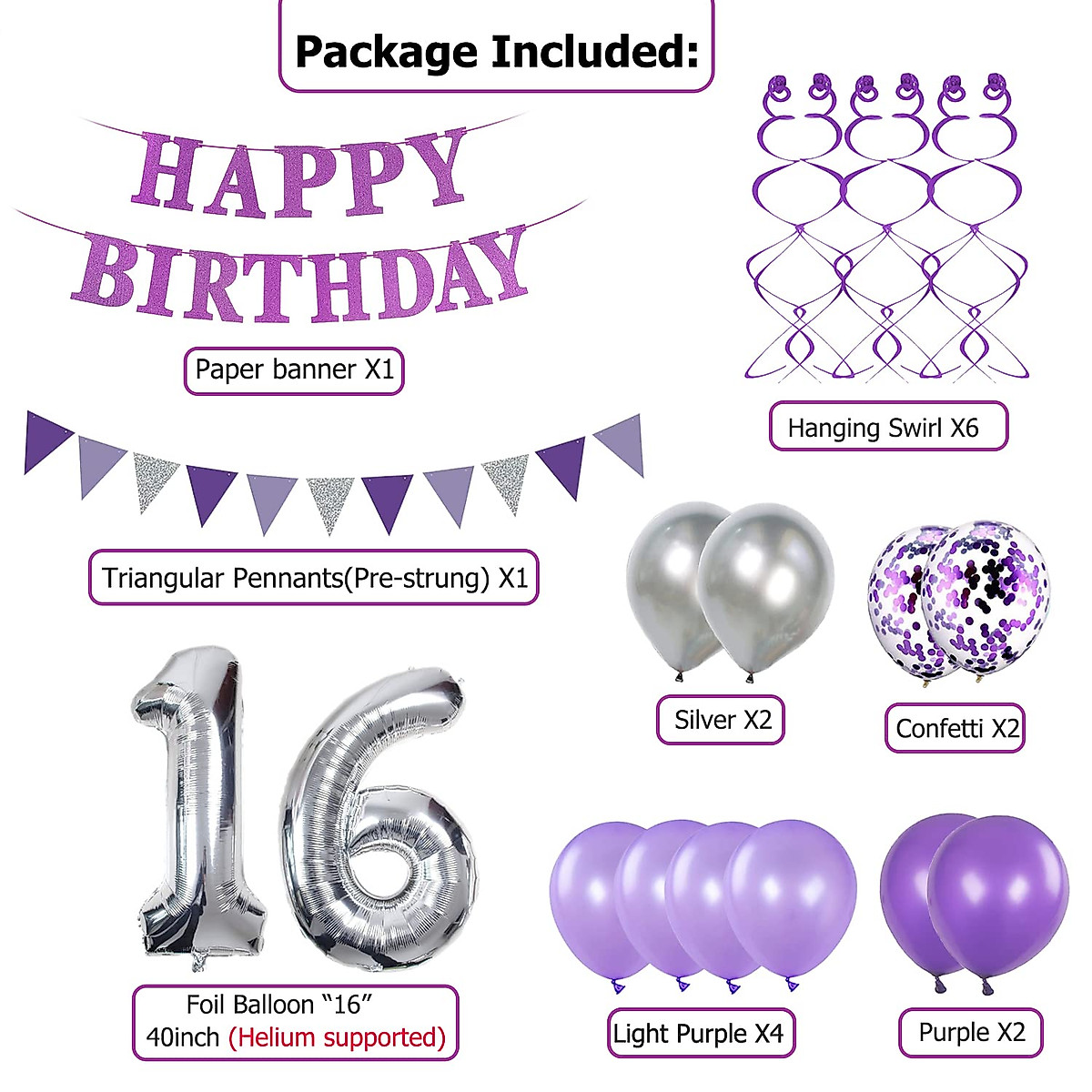 Cooshine 16th Birthday Party Decorations for Girls Purple and Silver, Light Purple Lavender Party Decoration with Happy Birthday Banner Trianguler Pennants Latex Confetti Balloons