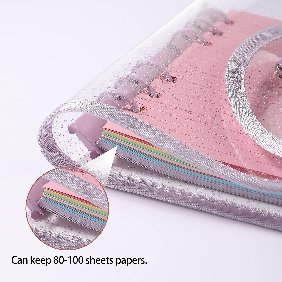 NEWEST 2 Pieces Clear PVC A6 Refillable Binder Covers, Shiny 6-Ring Personal Notebook Shell, Round Ring Binder Pocket with Snap Button Lock for Filler Organizer Planner Journal Album, Pink & Purple