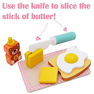 Toy Kitchen Wooden Pop-Up Toaster Play Set 10 Pcs, Interactive Early Learning Toaster, Exclusive Chopping Board, Knife, Poached Egg Honey Bear and Sliceable Butter, Fun and Colorful for Girls and Boys