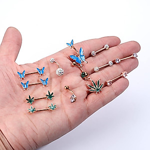 Sanfenly 14G Nipple Rings Belly Button Rings for Women 316L Surgical Steel Curved Navel Barbell CZ Weed Butterfly Tongue Rings Belly Nipple Piercing Jewelry