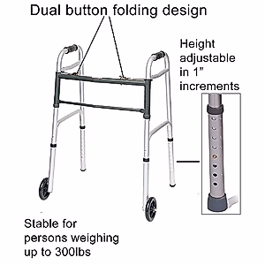 ProBasics Aluminum Lightweight Walker With Wheels, Walker for Seniors, Lightweight Adult Walker with 5" Wheels, Foldable Two-Button Release Walker, 300lbs Weight Capacity