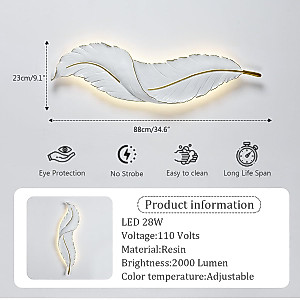 Qepeety LED Wall Lighting White Feather Wall Sconce Lamp 3 Color Temperature & 3 Brightness Level Modern Resin Light Fixtures for Hallway Entryway Living Room (Large)
