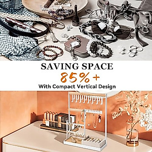 Jewelry Organizer Stand with Velvet Ring Holder, 4 Tier Jewelry Holder Organizer with 15 Hooks Necklace Organizer and Watch Bracket Holder, Jewelry Stand with 16 Holes for Earring Holder, White