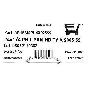#4 x 1/4 Stainless Steel Phillips Pan Head Sheet Metal Screws Type A (100 Pieces) 4x1/4
