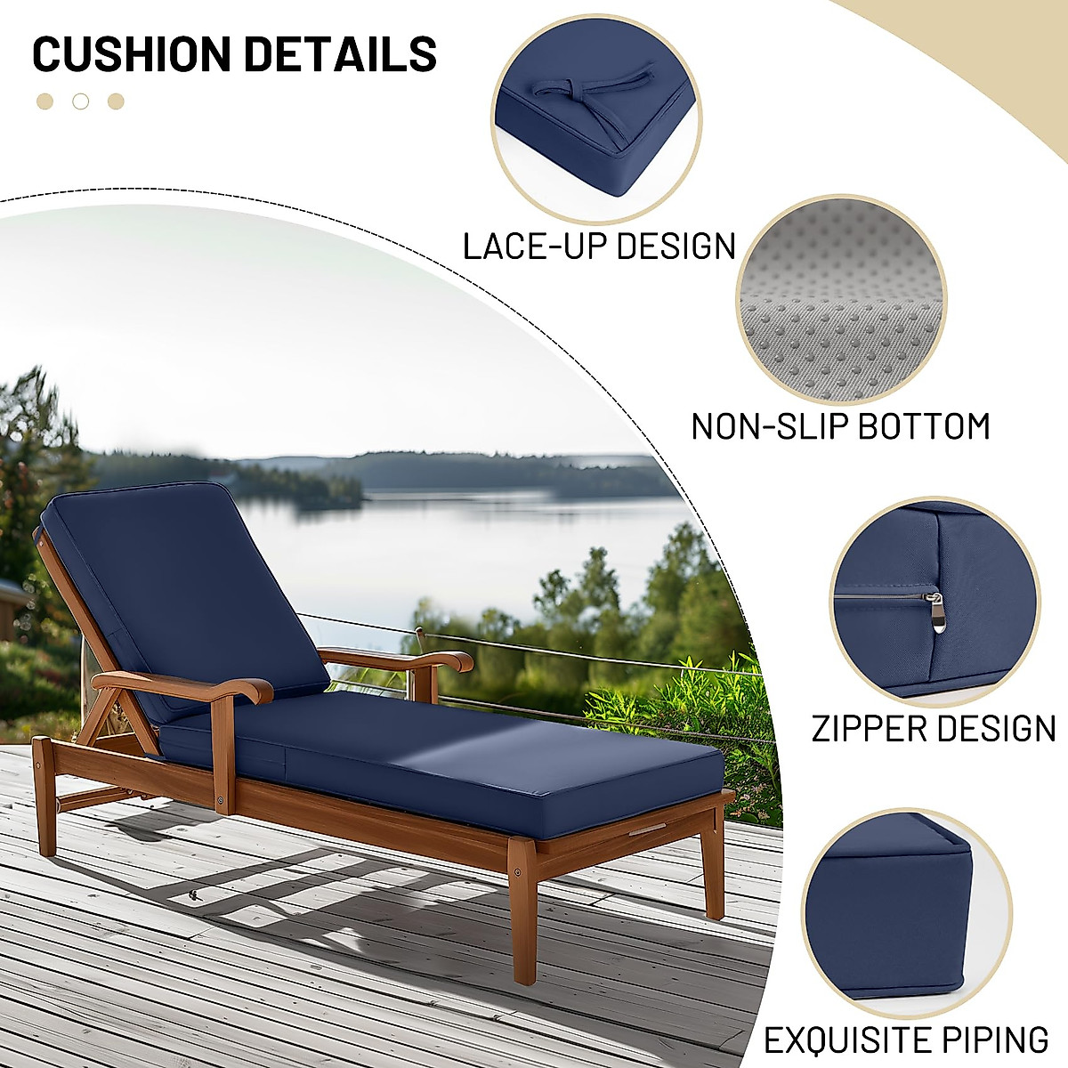 Lokex Chaise Lounge Cushions Outdoor, Waterproof Removable Chaise Lounge Cushion, 72x21x3 Inch Lounge Chair Cushions for Outdoor Furniture Comes with Lace-up Straps and Anti-Slip Bottom