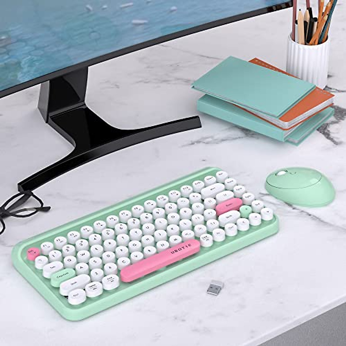 UBOTIE 84Keys Colorful Wireless Computer Keyboards and Mice Combos, Mini Compact Retro Typewriter Design Laptop Keyboards with 2.4GHz USB Nano (Green)