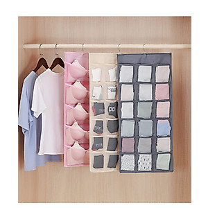 Hanging Bra Closet Organizer and Storage Pockets Wall Organizer 24 Pockets Enlarged Hanging Mesh Pockets Dual Sided Wall Closet Underwear,Bra,Socks,Accessories with Hanger (Beige)