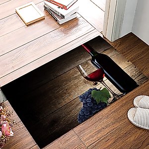 Red Wine Bottle Glass and Grapes on Wood Plank, Bathroom Shower Mat Doormat Non Slip,Floor Rug Absorbent Carpets Floor Mat Home Decor for Kitchen Bedroom Rug, 16"X 24"