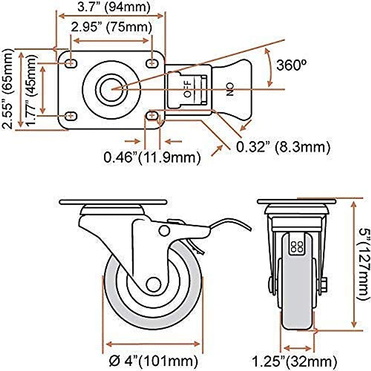 4 Pack 4" Caster Wheels Swivel 360 Degree 2 with Brake Swivel and 2 Rigid Non Swivel Fixed Stationery Combo On Red Polyurethane Wheels with Hardware