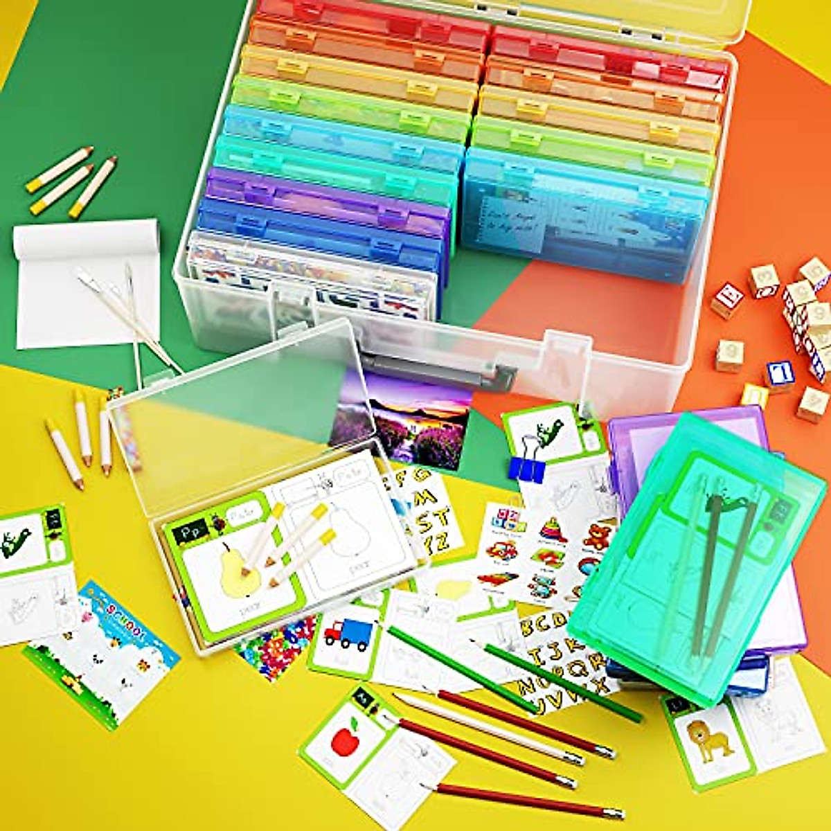 iBune Large 4" x 6" Photo Storage Box, 18 Inner Photo Cases Store up to 1800 Photos, Photo Organizer Cards Craft Keeper with Handle for Photo Puzzles Cards Seed Packets, Rainbow