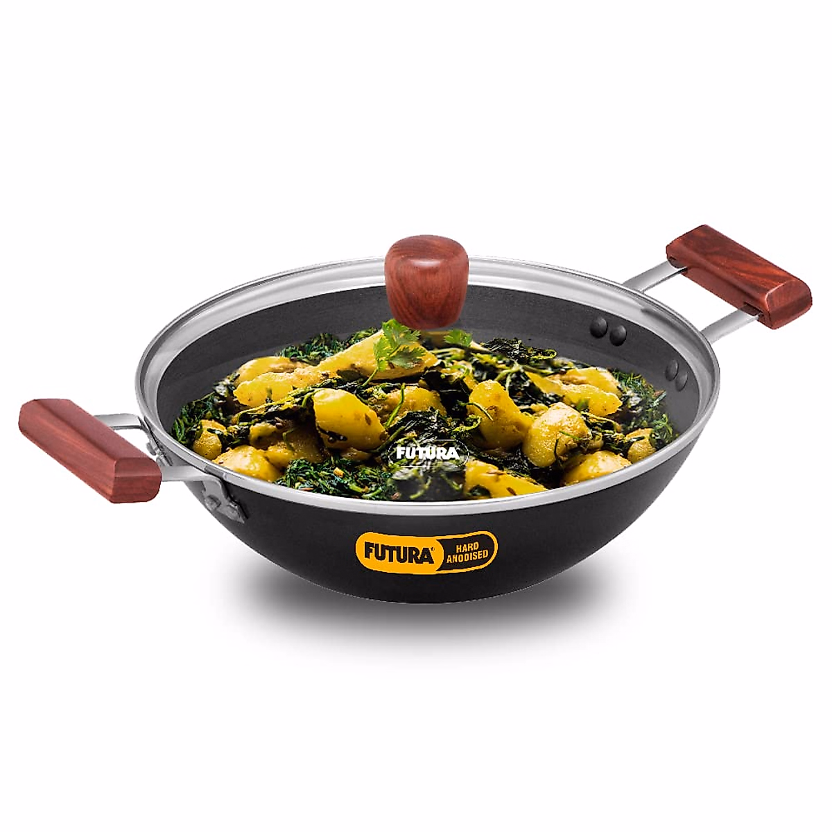 FUTURA Hawkins 3 Litre Deep Fry Pan with Glass Lid, Hard Anodised Kadai, Flat Bottom Kadhai, Black (AD30G)