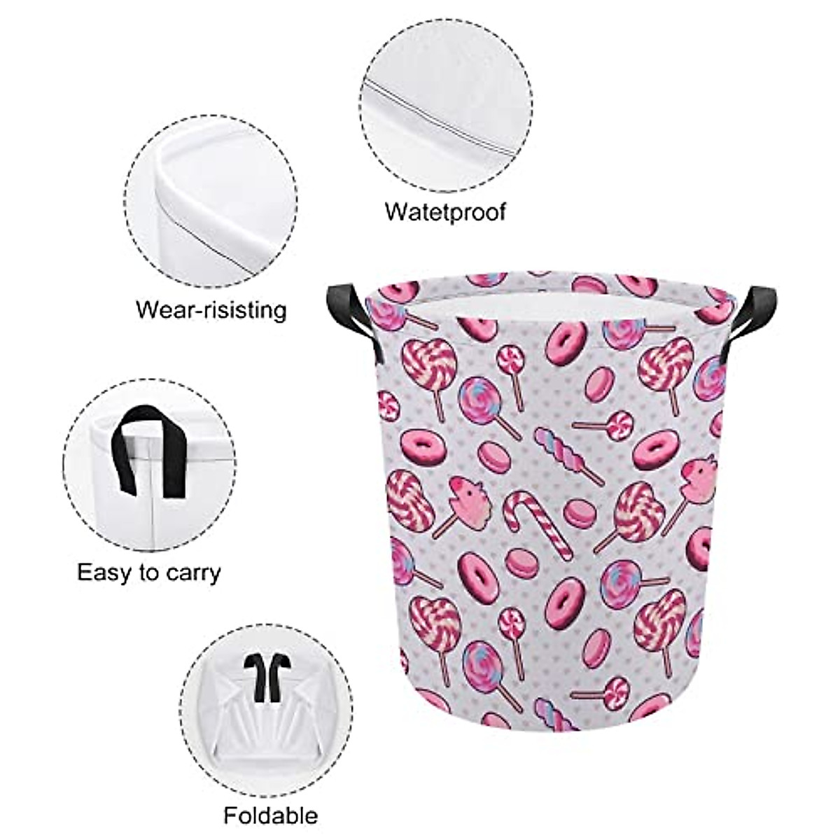 Pink Candies with Hearts Foldable Laundry Basket Waterproof Hamper Storage Bin Bag with Handle 16.5"x 16.5"x 17"