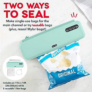 DASH SuperSeal™ Vacuum Sealer for Food Storage and Sous Vide, Perfect for Preserving Fresh Ingredients, Single Use & Reusable Bags and Cutter Included - Aqua