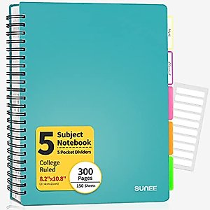 SUNEE 5 Subject Notebook College Ruled - 300 Pages, 8.2"x10.8", Spiral Lined Notebook with 5 Pocket Colored Dividers, 3-Hole Punched Paper, Teal Notebooks for School Supplies, Home & Office, Writing Journal
