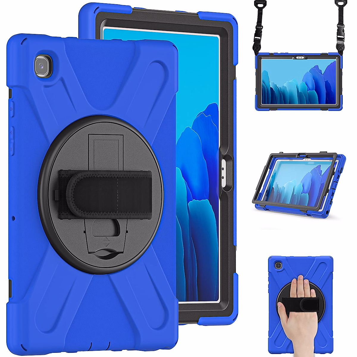 Rugged Case for Samsung Galaxy Tab A7 10.4" 2022/2020(SM-T500/T503/T505/T507/T509), Portable Hybrid Shock-Proof Cover with 360° Rotatable Hook&Loop Handle,Shoulder Strap (Blue)