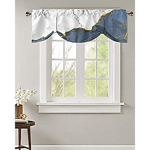 Segard Tie Up Valance for Windows,Marble Texture Watercolor Blue Gold and White Colors Kitchen Valances Adjustable Rod Pocket Window Shade Valance,Ink Painting Short Curtains for Bedroom 60x18in