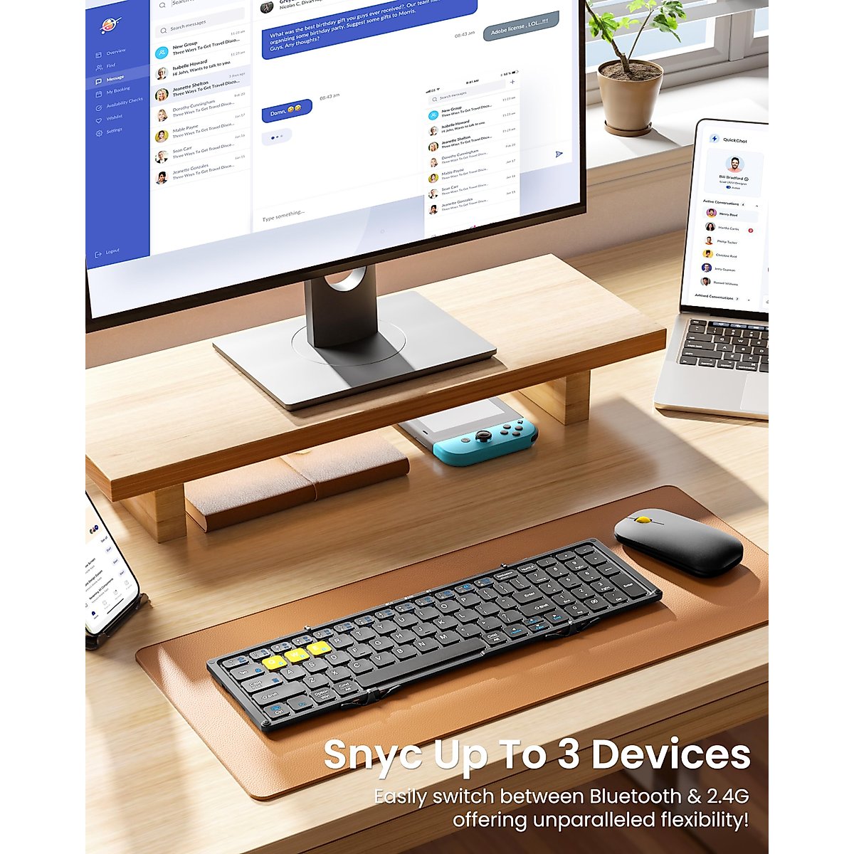 Foldable Bluetooth Keyboard and Mouse, Portable Folding Pocket Keyboard Mouse Combo with Numeric Keypad for Business and Travel for Phone Tablet Laptop (2.4G+Dual BT)