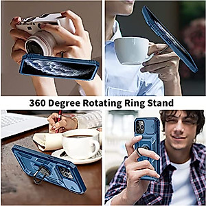 Pompvla for iPhone 11 Pro Case with 2Tempered Glass Screen Protectors,Bulit-in Magnetic Kickstand Ring & Camera Cover Shockproof Military Grade Drop Heavy Duty Protection Men5.8 inch[Not for iP11]Blue
