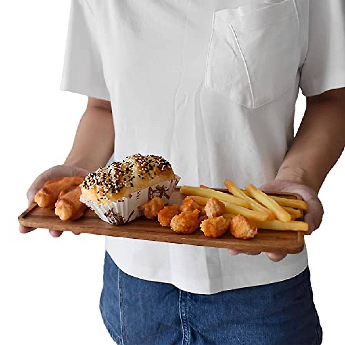 13.8 Inch Solid Wood Serving Platters and Trays of Natural Acacia Wood with Edge,Rectangular Avoid Sliding and Spilling Food