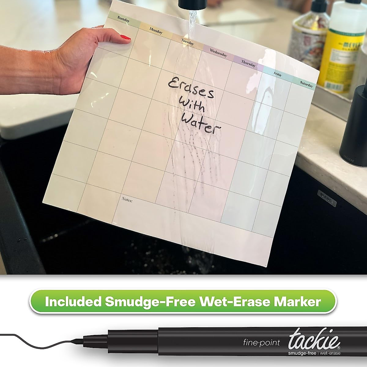 M.C. Squares Reusable Monthly Calendar Whiteboard. Schedule clings to Stainless Steel & Glass (Any Shiny Surface) Included Smudge-Free Wet-Erase Tackie Marker, Made in The USA