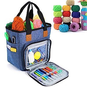 HYMIC Yarn Storage Organizer Tote Bag, Portable Storage Bag for Yarns, Tote-Large Capacity Crochet Organizer Crocheting Kit, Knitting Needles, Yarn Balls, Project & Sewing (Blue)