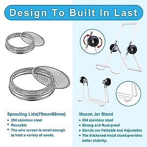 Sprouting Kit, 2 Stainless Steel Sprouting Lids for Regular and Wide Mouth Mason Jars, Sprouts Growing Kit with Timer, 2 Tray, Sprouting Jar Stand for Bean Sprout, Alfalfa, Broccoli (Not Include Jar)