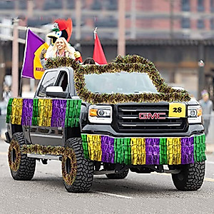 4 Pcs Mardi Gras Parade Car Decoration 6.56 ft Foil Fringe Garland 9.84 ft Gold Purple Green Metallic Tinsel Streamers Banner Wall Hanging Fringe Curtain Backdrop Banner for Mardi Gras Party Supplies