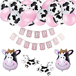 Cow Print Balloons, 38 Pcs Farm Birthday Party Supplies Pink Happy Birthday Banner, Cow Balloons, Pink Balloons, Cow Foil Balloons for Farm Birthday Party, Cow Party Decorations