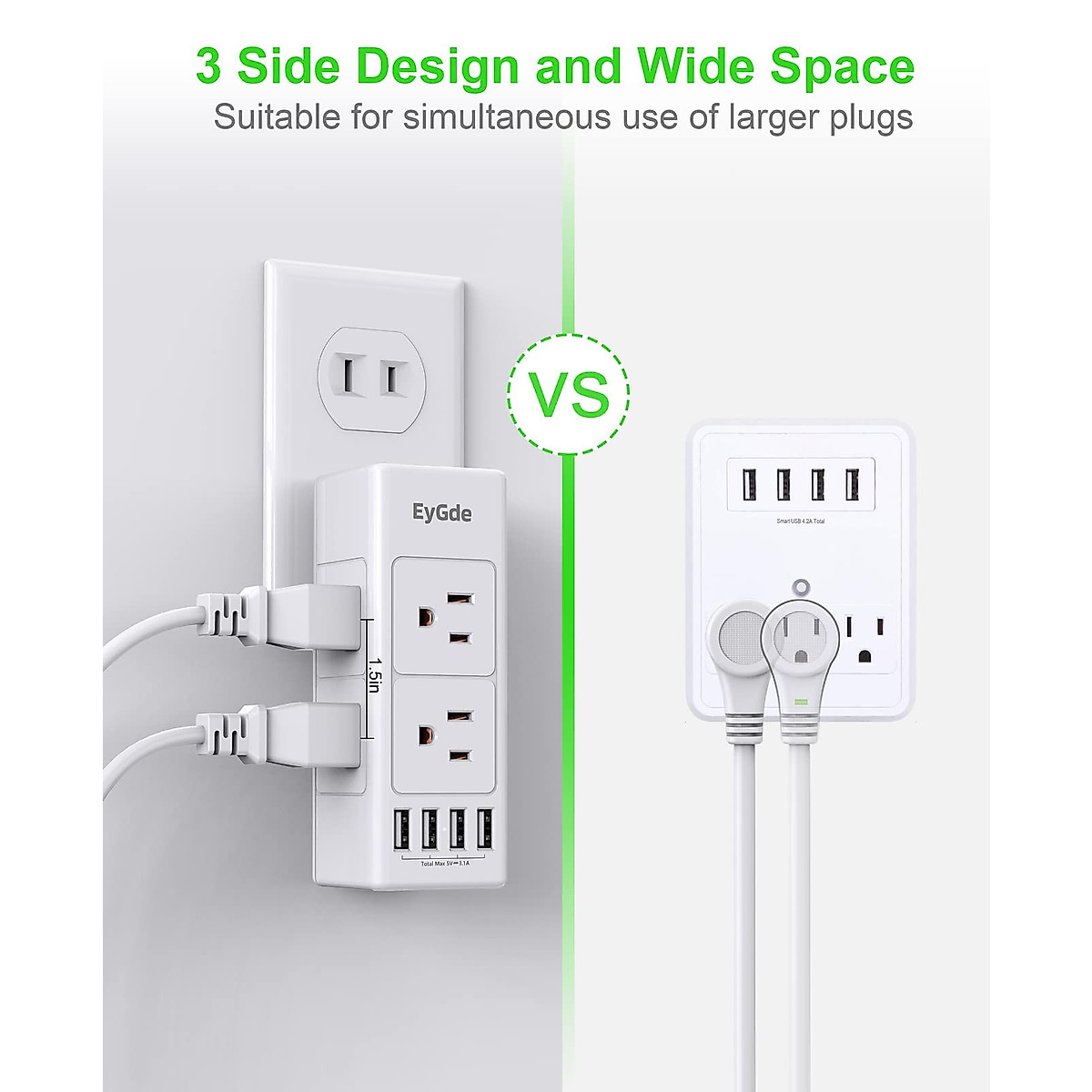 2 Prong Power Strip with Rotating Plug, EyGde Multi Plug Outlet Extender, Multiple Outlet Splitter(3 Sided 6 Sockets) and 4 USB Ports, Wall Adapter Surge Protector (1700J) for Travel, Office, White